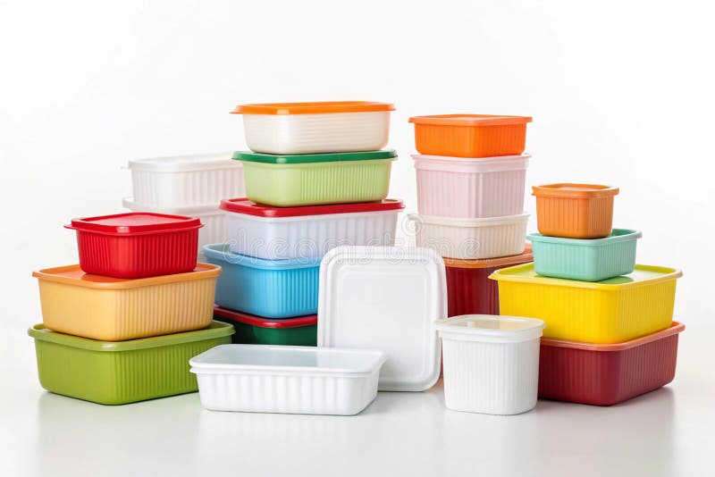 A Pile of Plastic Containers on a White Background Stock Photo - Image ...
