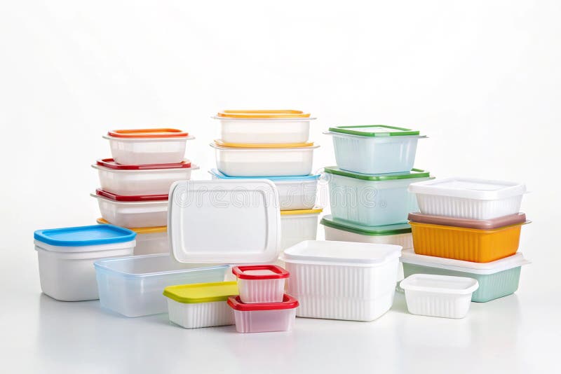 A Pile of Plastic Containers on a White Background Stock Photo - Image ...