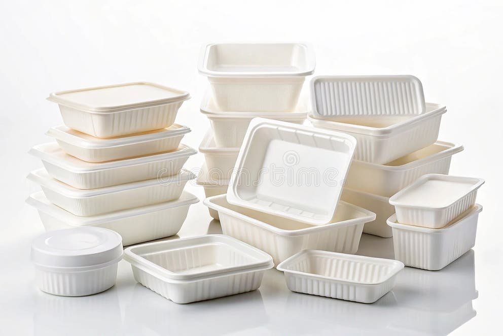 A Pile of Plastic Containers on a White Background Stock Photo - Image ...