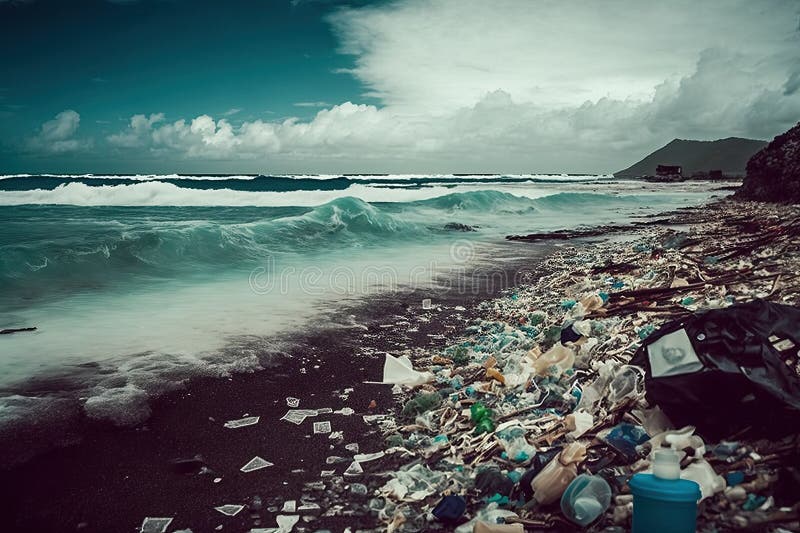 A Pile of Plastic Trash Against a Blue Ocean. Generative AI Stock ...