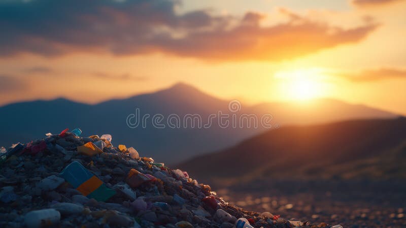 Pile of Plastic Waste Against Sunset Backdrop, Highlighting ...