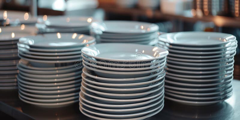 A Pile of Plates and Dishes Stacked High in a Kitchen or Restaurant ...