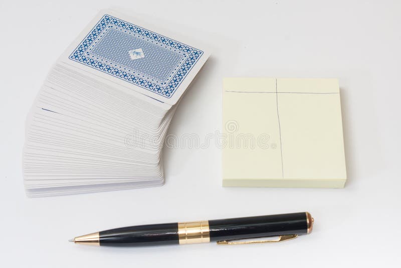 Pile of Playing Cards with Black Pencil and Notebook Stock Image ...