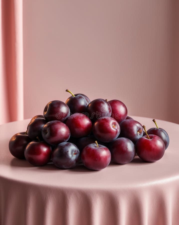 Pile of Plums on Pink Surface with Reflection. Stock Photo - Image of ...