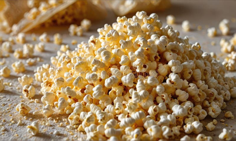 A Pile of Popcorn is on the Table, with Some Pieces Missing. Stock ...