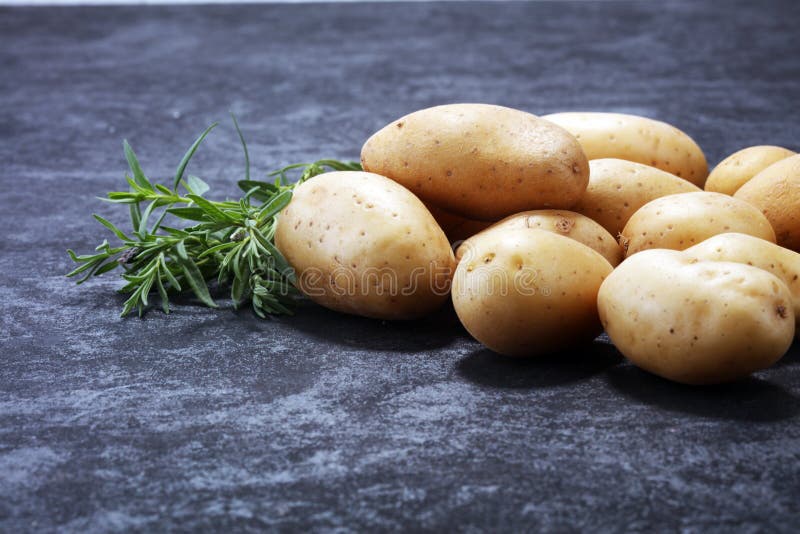 Pile of Potatoes Lying on Table. Fresh Potato and Rosemary Stock Image ...