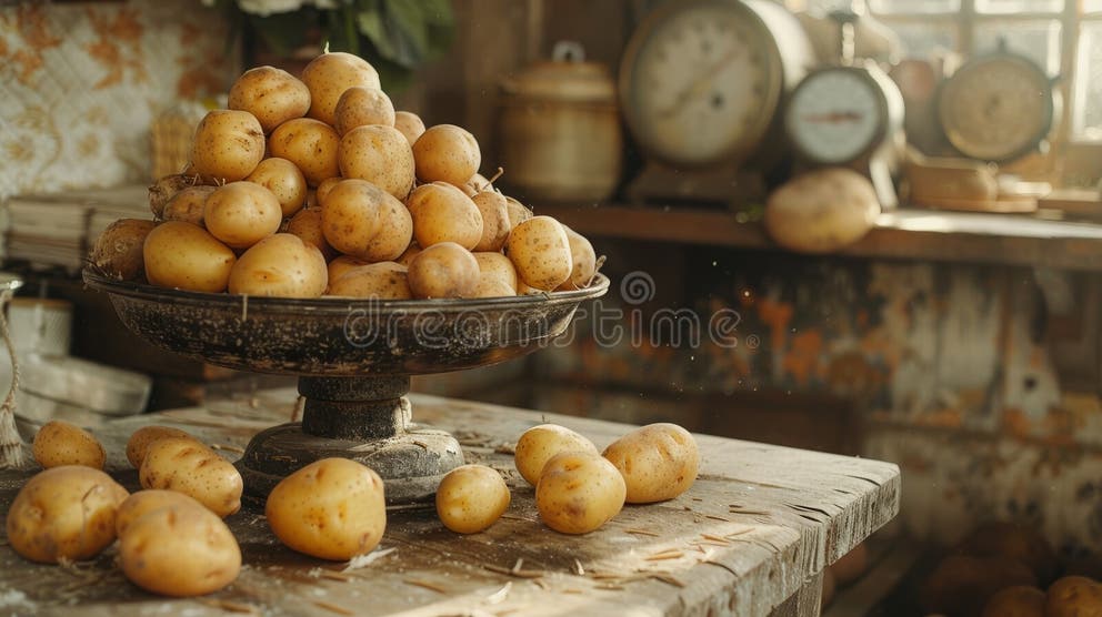 A Pile of Potatoes on Vintage Scales in a Rustic Kitchen Setting. Stock ...