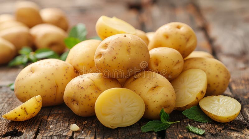 A Pile of Potatoes on a Wooden Table with Some Sliced Up, AI Stock ...