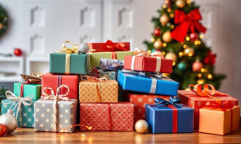 A Pile of Presents with Christmas Decorations in Bright Colors Stock ...