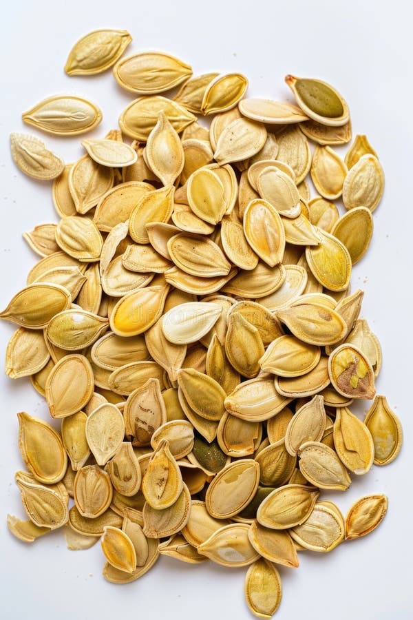 A Pile of Pumpkin Seeds on a White Surface Stock Image - Image of ...