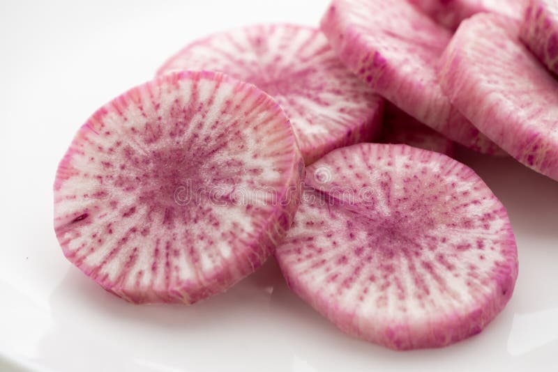 Pile of Purple Daikon Radish Slice Isolated on White Background Stock ...