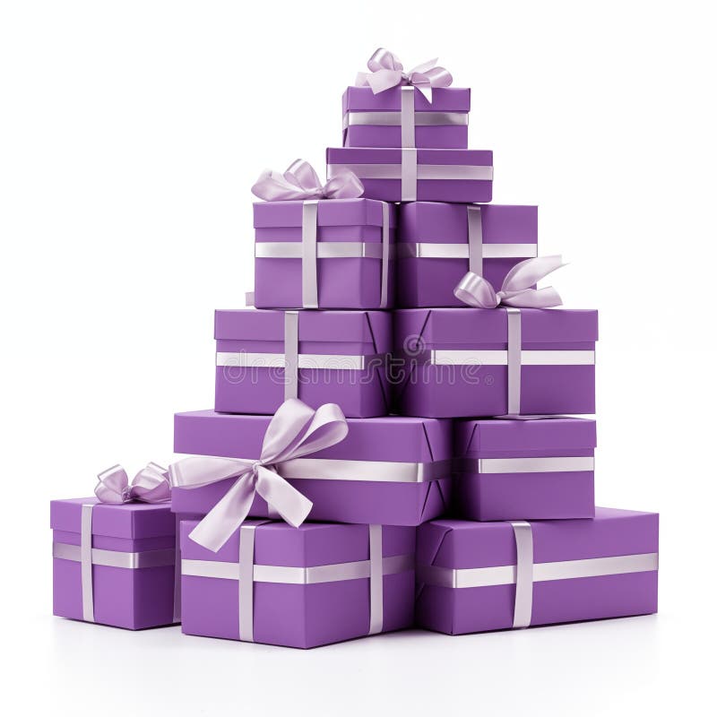 Pile of Purple Gift Boxes with White Ribbons Arranged in a Pyramid ...