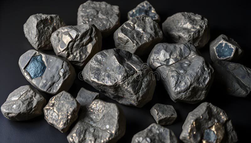 Pile of Raw Metallic Rocks on a Black Surface Close-up Stock ...