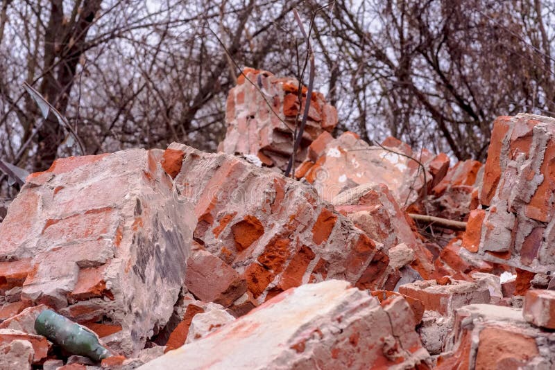 Brick Rubble from a Demolished Industrial Building on a Winter ...