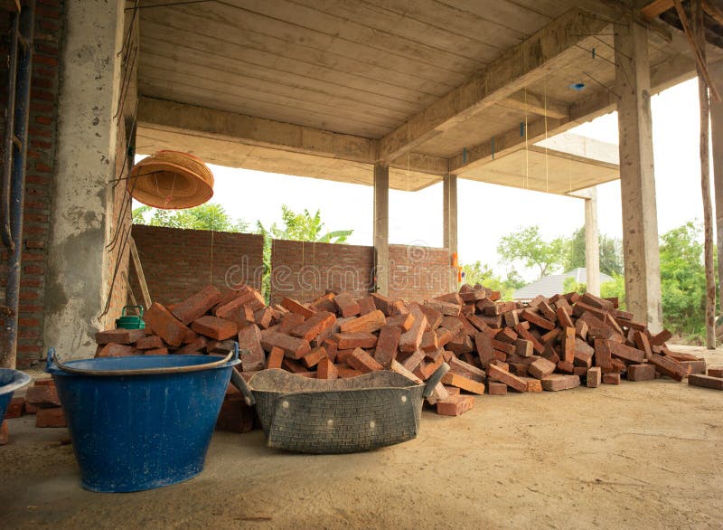 Pile of Red Brick Stand by for Installing To the Wall Stock Photo ...