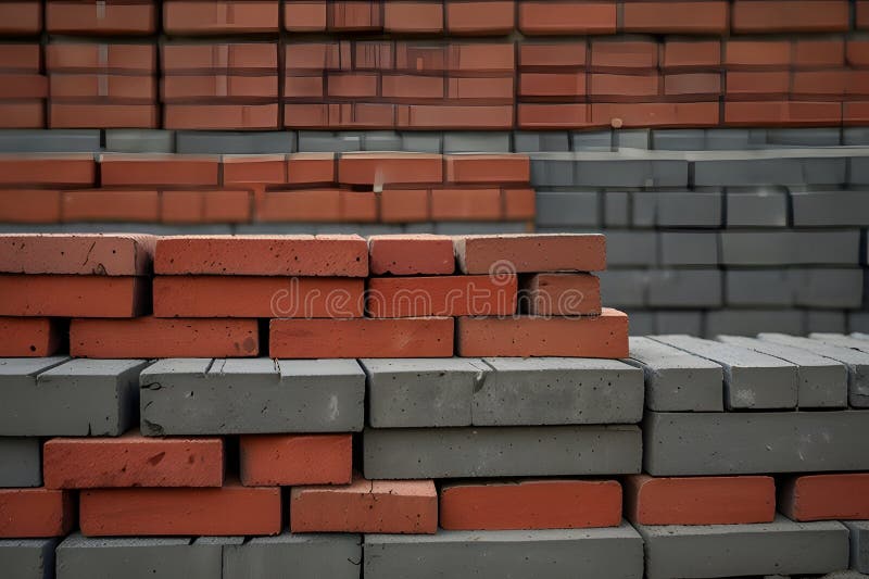 Pile of Red Bricks with Gray Concrete Blocks on a Construction Ground Stock Illustration ...