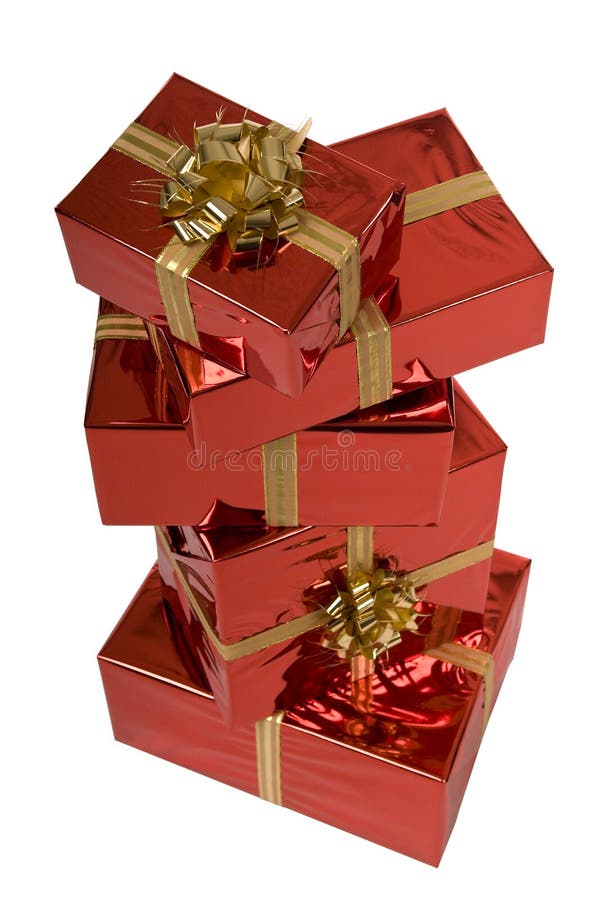 Red Christmas Present Gift Box, Bow Isolated White Stock Image - Image ...