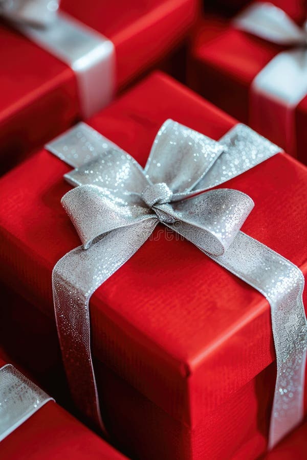 A Pile of Red Gift Boxes with Silver Bows, Perfect for Holiday and ...