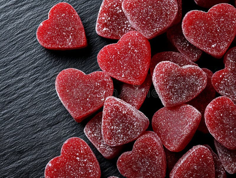 A Pile of Red Heart Shaped Gummy Bears on a Black Surface Stock Photo ...