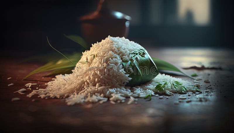 A Pile of Rice Sitting on Top of a Wooden Table. Stock Image - Image of ...