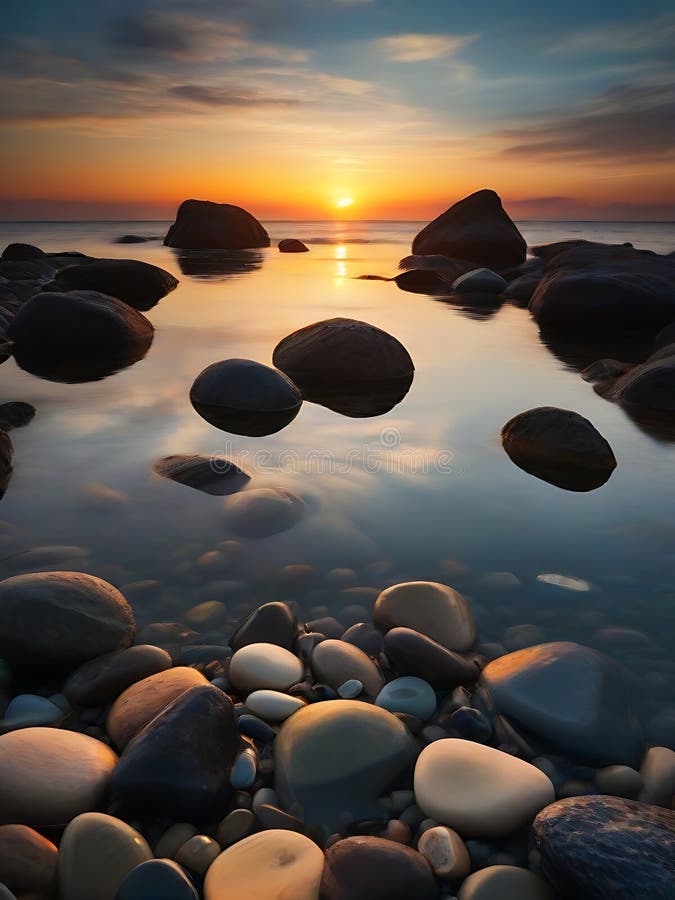 Pile of Rocks in the Beach Puddle with the Morning Sun Stock Image ...