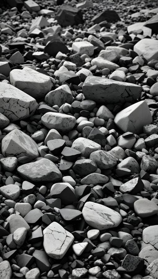 A Pile of Rocks in Black and White. the Rocks are All Different Shapes ...