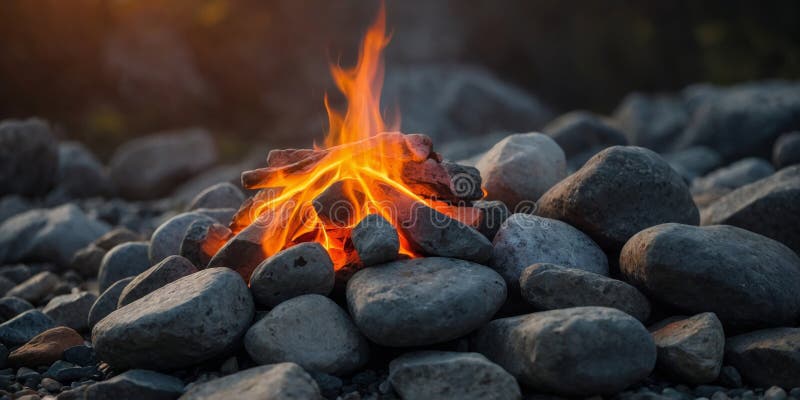 A Pile of Rocks with a Bright Orange Flame in the Middle. Stock ...