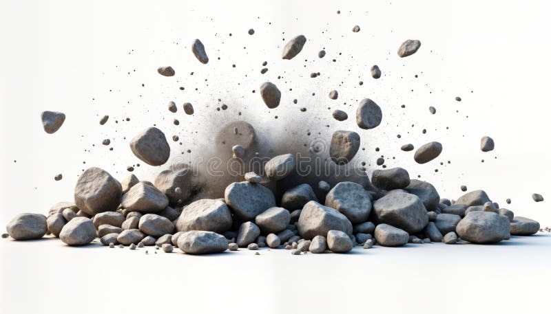 Pile of Rocks Explodes in Mid-air Against White Background. Massive ...