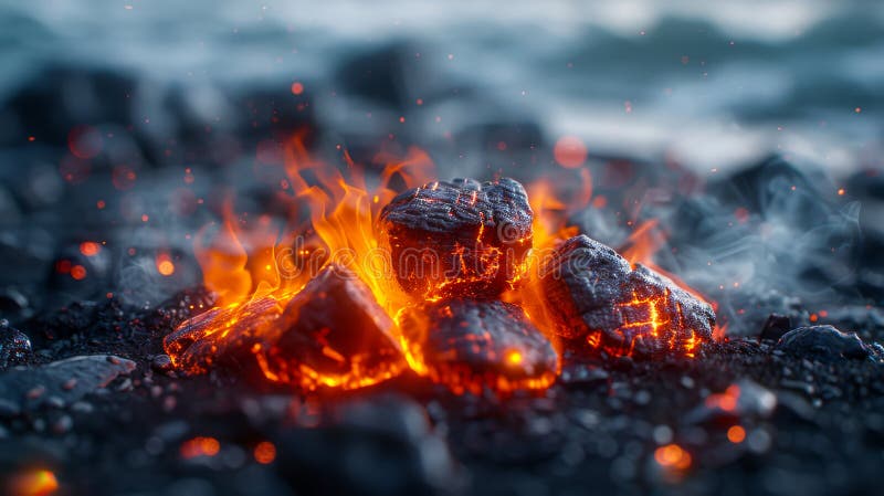 A Pile of Rocks with a Fire Burning on Top of it Stock Photo - Image of ...