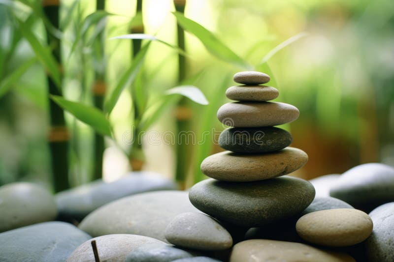 A Pile of Rocks Sitting on Top of a Pile of Bamboo Stock Photo - Image ...