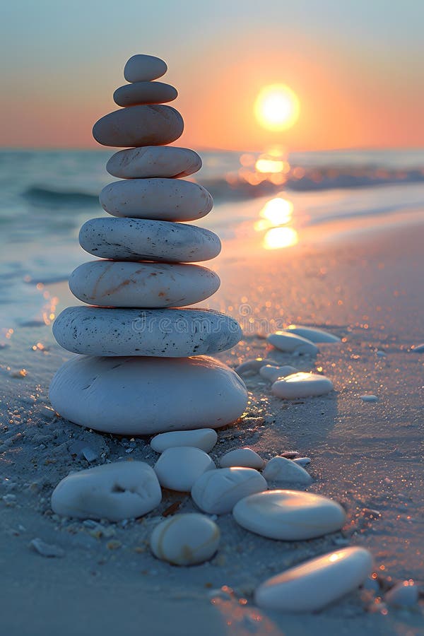 A Pile of Rocks Stacked on Top of Each Other on a Beach at Sunset Stock ...