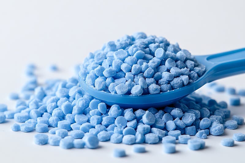 Pile of Round Blue Granules in Blue Spoon, CloseUp on White Background ...
