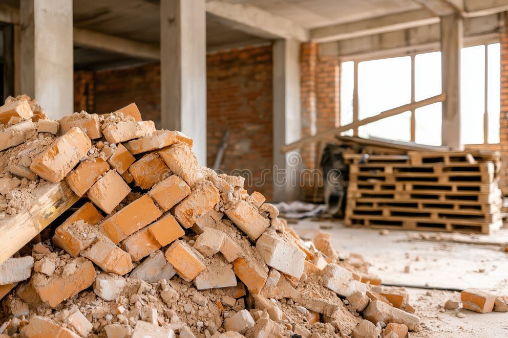 Pile of Rubble and Bricks in a Partially Constructed Building Interior ...