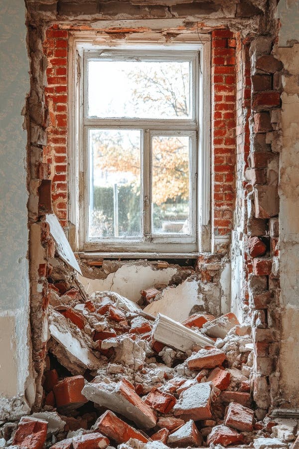 Dilapidated Room with Broken Window and Rubble Pile Stock Illustration ...