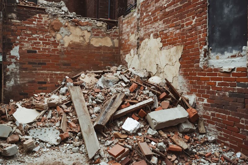 A Pile of Rubble in Front of a Brick Building Stock Image - Image of ...