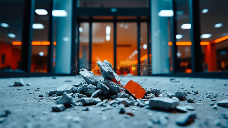 A Pile of Rubble on the Ground in Front of a Building Stock Image ...