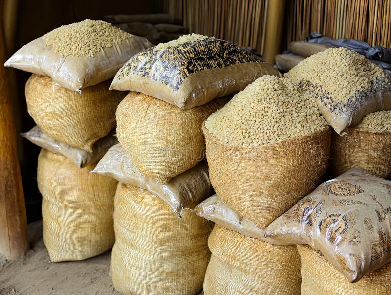 A Pile of Sacks of Rice Sitting on Top of a Pile of Sand Stock Photo ...