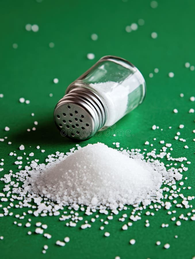 Pile of Salt Grains Spilling from a Salt Shaker on a Green Surface ...