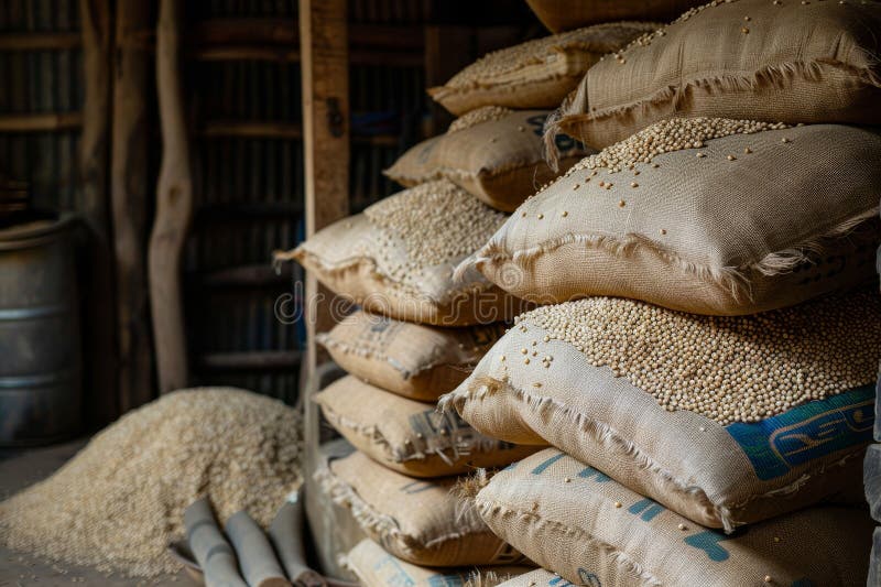 A Pile of Sand is Seen Next To a Stack of Bags Filled with Rice and ...
