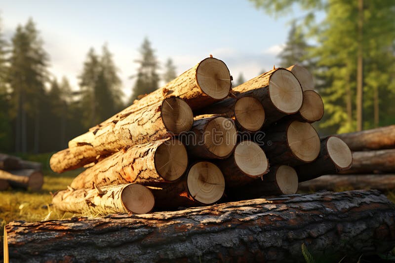 Pile of Sawn Logs in Forest, Closeup of Photo Stock Illustration ...