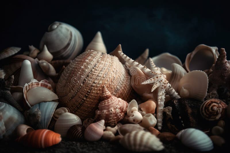 A Pile of Seashells and Shells on a Black Background Stock Illustration ...