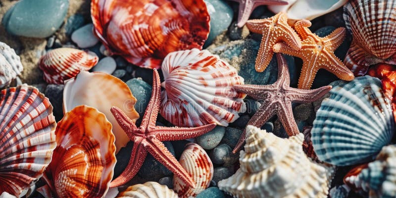A Pile of Shells and Starfishs on a Beach. Perfect for Beach-themed ...
