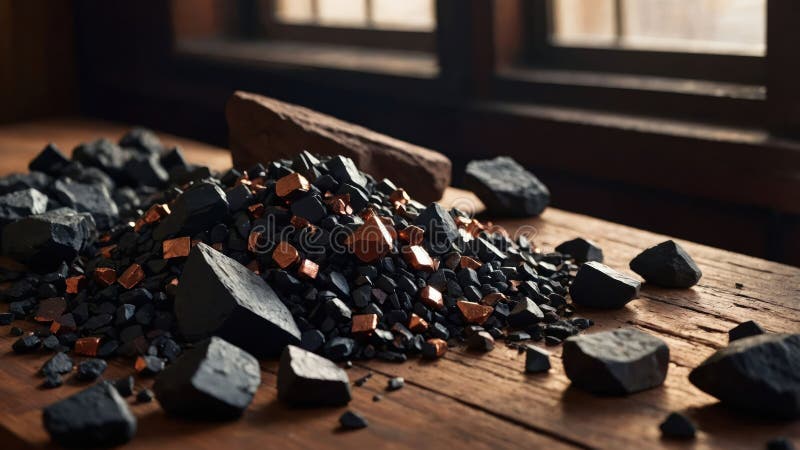 Luminous Copper and Obsidian Crystals on Rustic Wood Stock Illustration ...