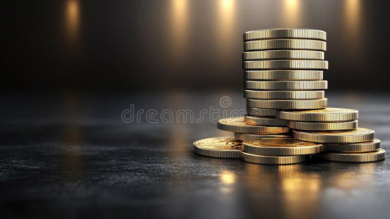 A Pile of Shiny Coins Stacked Neatly on a Smooth Surface at Night Stock ...