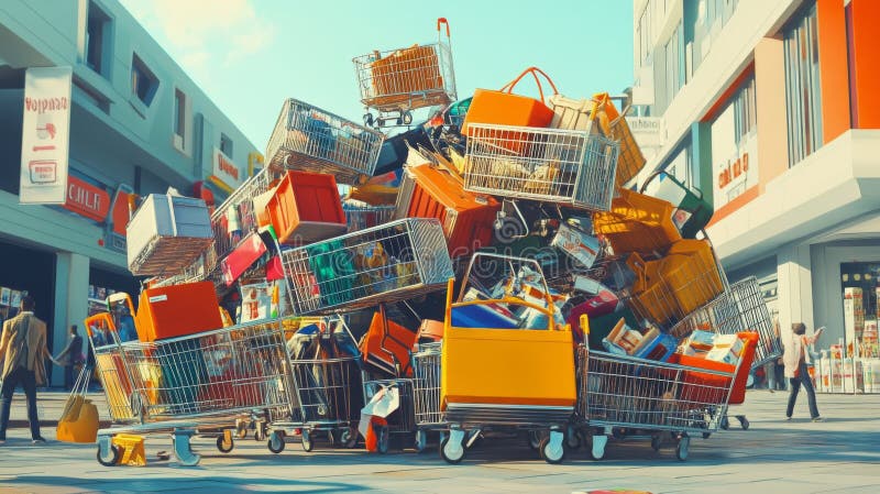 A Pile of Shopping Carts Overflowing with Goods in an Urban Setting ...