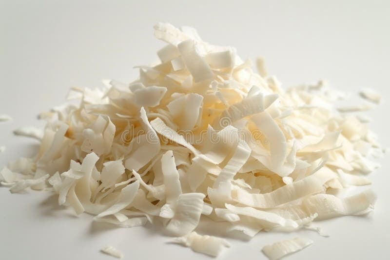 A Pile of Shredded Coconut Flakes Sitting on a Clean White Surface ...