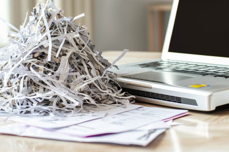 Pile of Shredded Documents on Desk with Laptop Stock Image - Image of ...