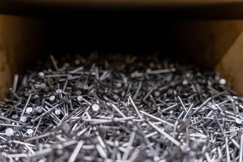 Pile of Silver Nails in a Storage Bin at a Hardware Store, Close-up ...