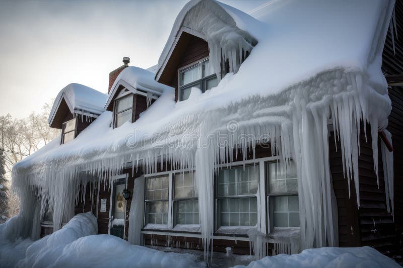 Pile of Snow, with Icicles Hanging from the Roof and Windows Stock ...