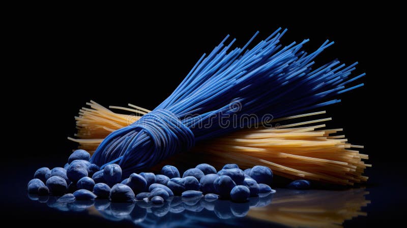 A Pile of Spaghetti and Pasta with Blue Balls on a Black Background, AI ...